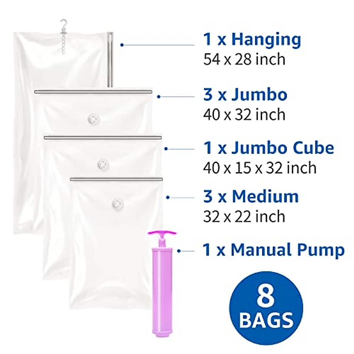 Vacuum Storage Bags Combo 8 Pack, Vacuum Sealed Bags for Bedding and Clothes, Hanging and Cube Vacuum Sealer Bags for Bedroom Closet Storage, Large and Small Travel Compression Bags