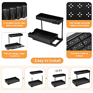Bellzacasa Under Sink Organizers and Storage, 2 Tier Sliding L-shape Bathroom Cabinet Organizer, Multi-purpose Under Sink Organizer Shelf with 4 Hooks for Kitchen Bathroom Cabinet(Black, 1Pack)