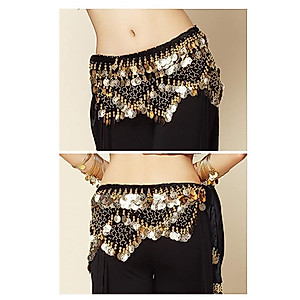 ARTIBETTER Bellydance Hip Scarf with Gold Coins Skirts Wrap Belly Dancing Hip Scarf for Zumba Yoga Class (Black, Free Size)