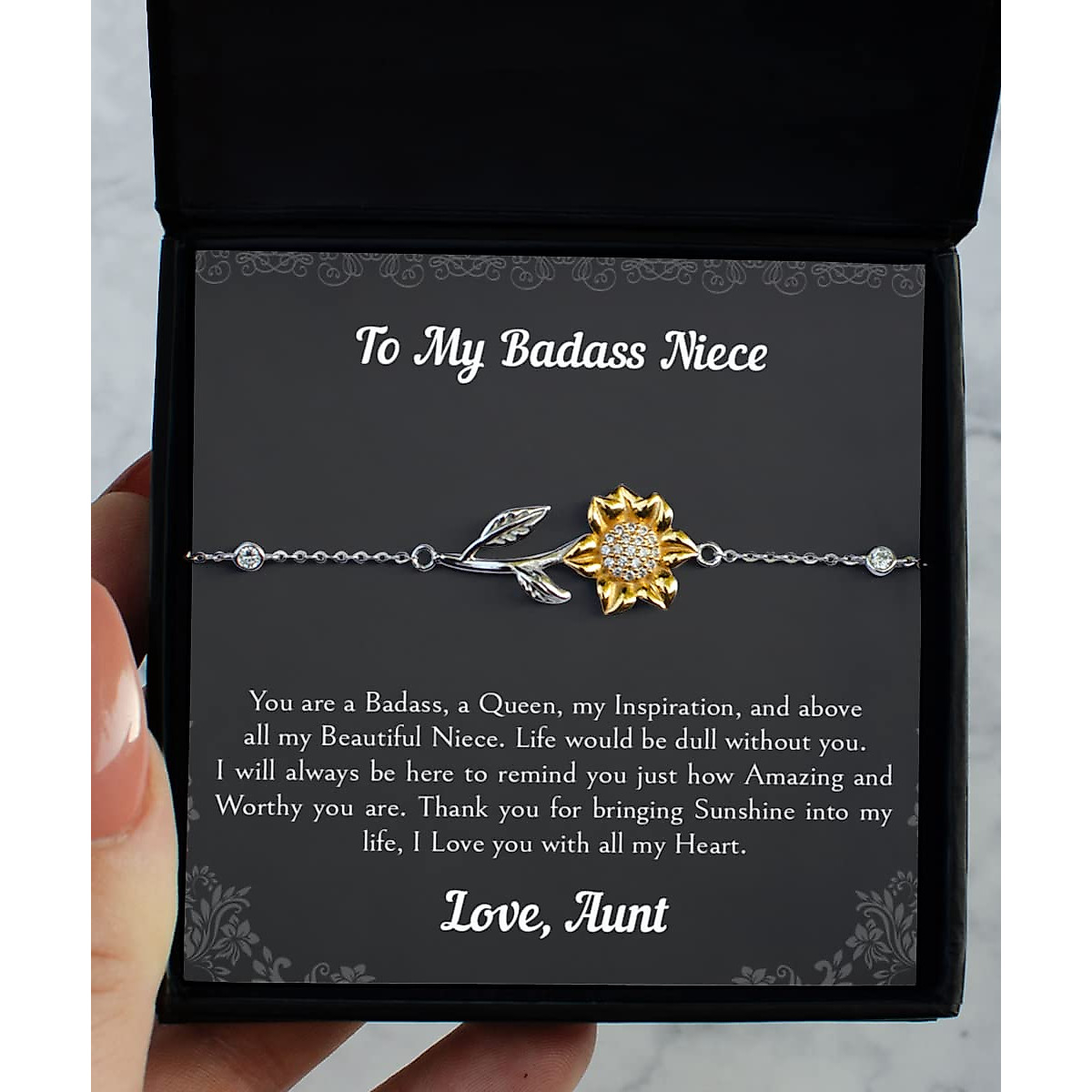 Niece Gifts From Aunt, Life To My Badass Niece Bracelet From Aunt, Sterling Silver Bracelet with 14k Gold Sunflower For Niece, Birthday Graduation, Valentines Gift For Niece