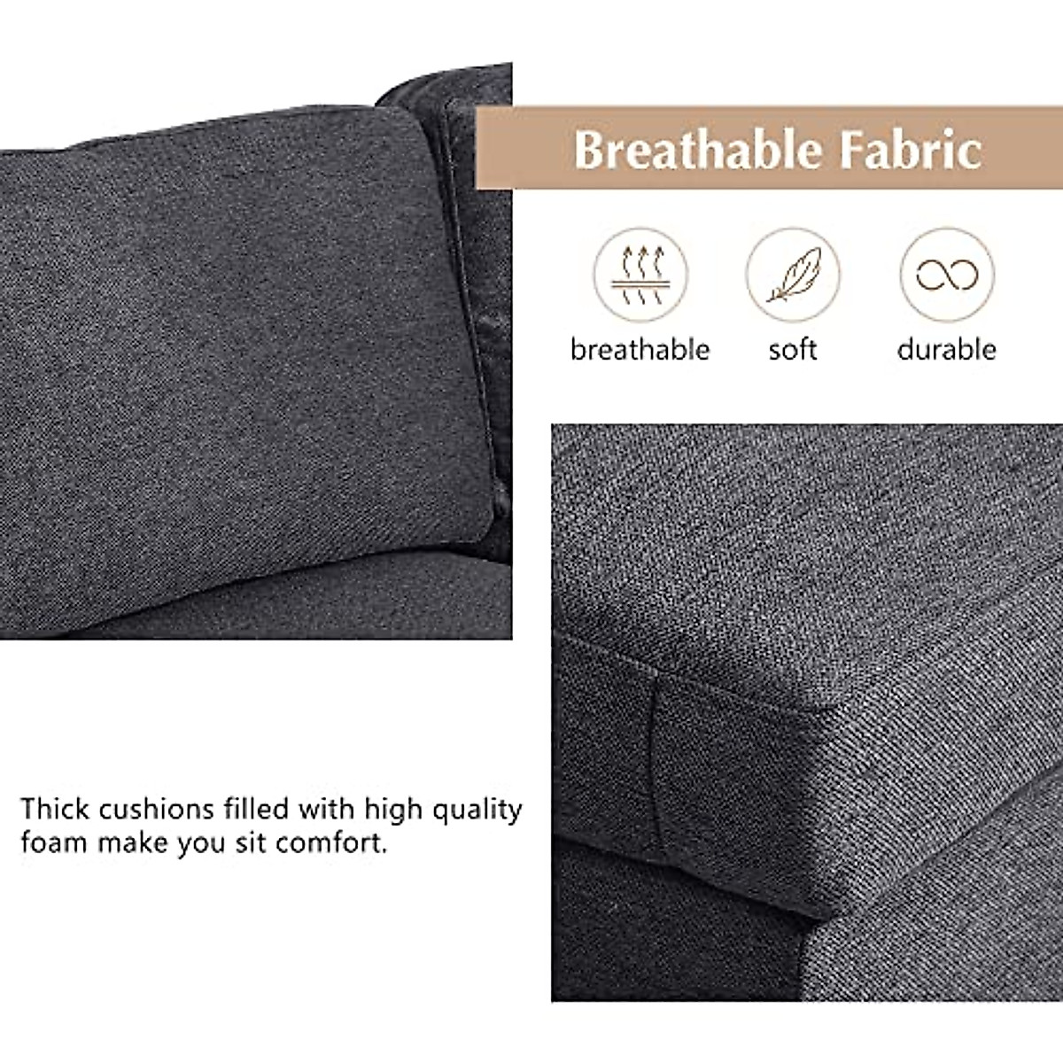 LOVMOR 3 Piece, Modern Large Upholstered Sectional Sofa Set, Birch Wood Legs Foam Double Extra Wide Living Room Chaise Lounge, Gray U Shape