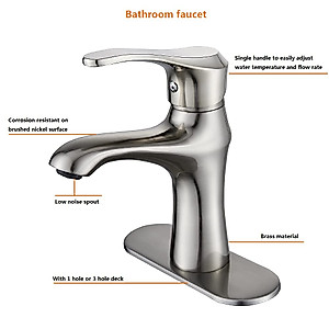 Bathroom Faucet Brushed Nickel Single Hole Sink Single Handle Bathroom Faucet Vanity Modern Commercial Lead-Free Solid Brass Bathroom Faucet is Suitable for 1 or 3 Holes