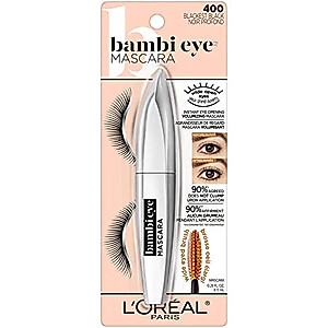 L'Oreal Paris Makeup Bambi Eye Mascara, Lasting Volume, Length & Lift, Doe-eye Definition, No Clumping, Washable, Blackest Black 0.21 Fl Oz