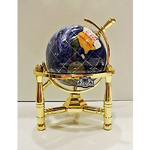 Unique Art 6-Inch Tall Bahama Blue Swirl Pearl Ocean Mini Table Top Gemstone World Globe with Gold Tripod