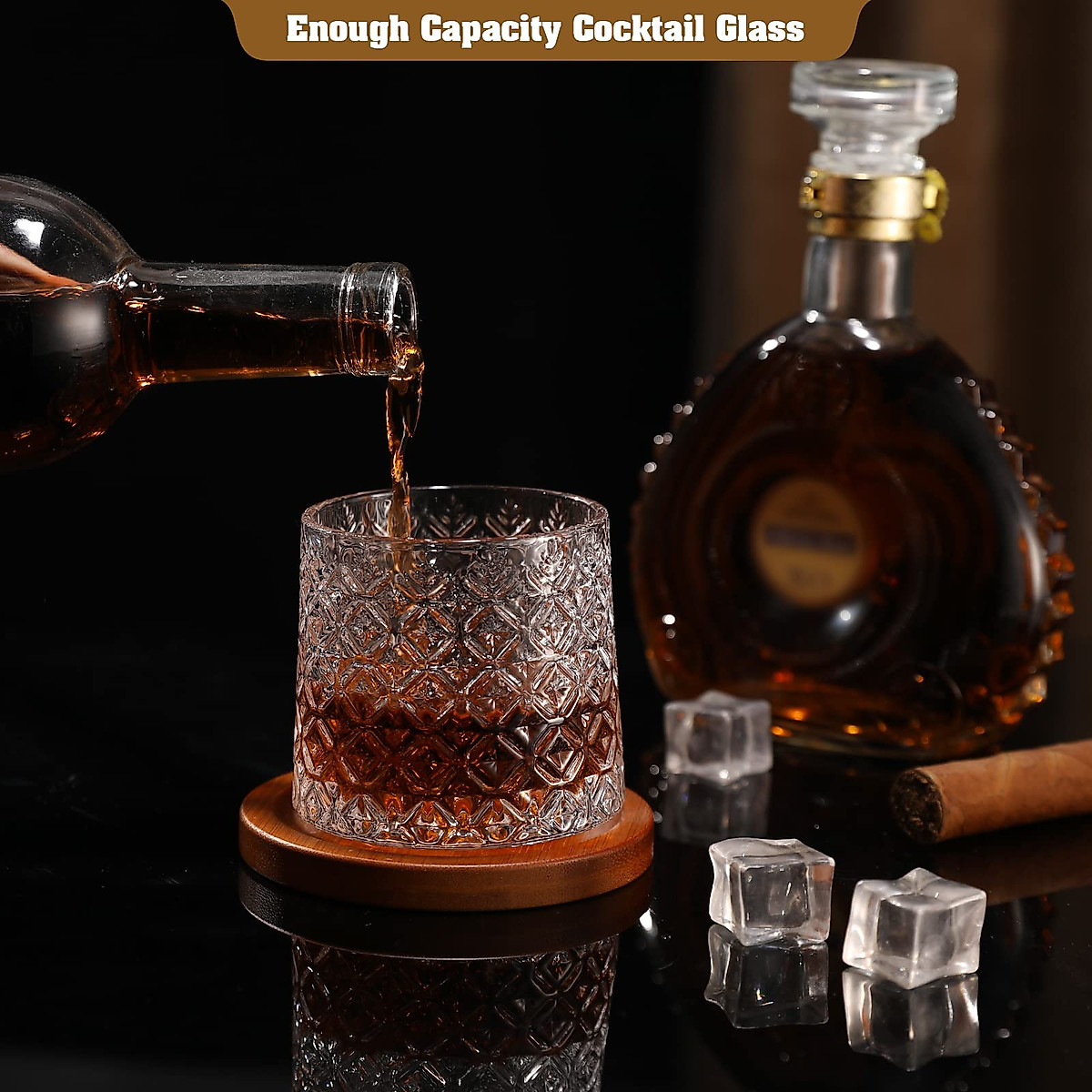 WICHBEEN Crystal Whiskey glasses,Rotatable 10 Oz old fashioned whiskey glasses,bar whiskey glasses,style glassware for bourbon,perfect Idea for scotch lovers,glasses for scotch, rum,Ice flower