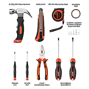 DIFFLIFE Tool Sets Household Tool Kit, 14-Piece General Home/Auto Repair Tool Set with Hammer, Pliers, Screwdriver Set and Toolbox Storage Case - Perfect for Homeowner, Diyer, Handyman (14-Piece)…