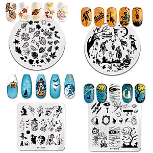 6Pcs Halloween Nail Stamping Plates Fall Maple Leaf Nail Stamper Template Kit Ghost Bat Skull Spider Web Design Nail Decorations Supplies with 1 Stamper 1 Scraper