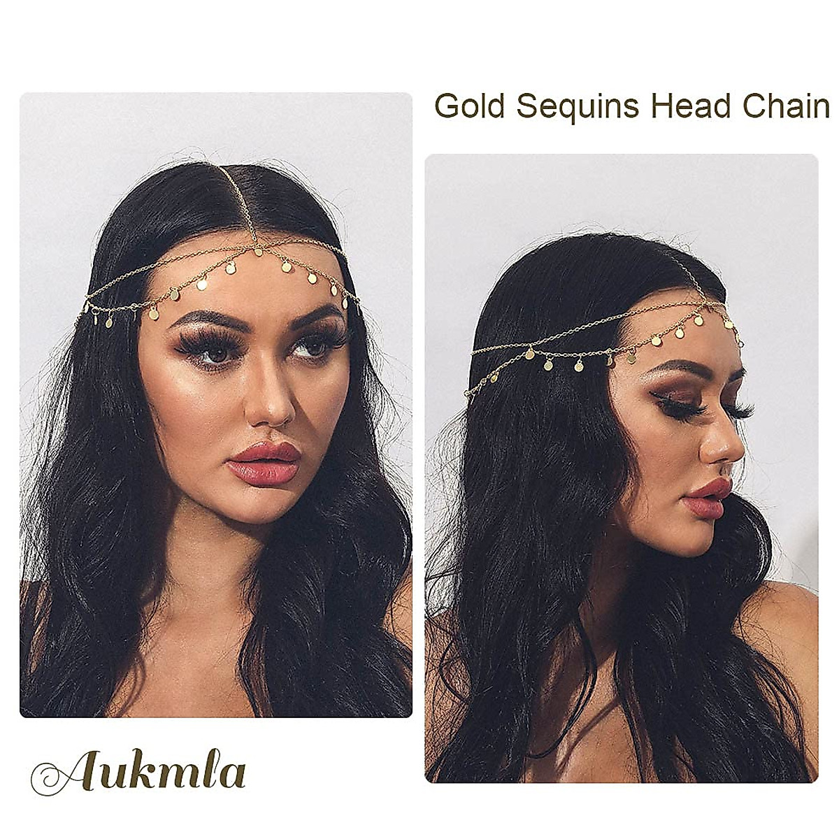 Aukmla Gold Sequins Head Chain Jewelry Festival Halloween Prom Costume Hair Accessories Fashion Headbands Headpieces for Women and Girls