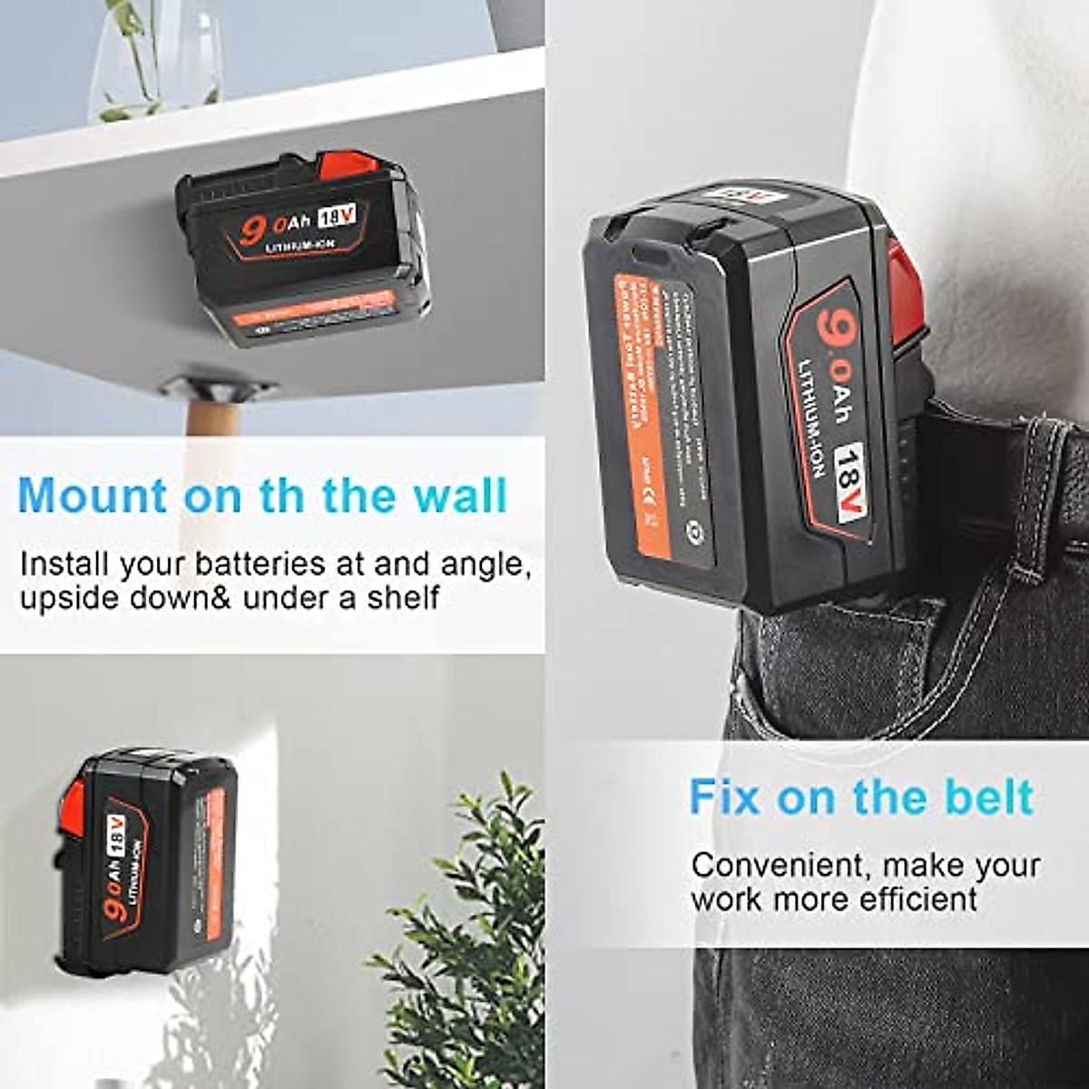 YongerTool 18V 9.0 Ah M-18 Replacement Battery for Milwaukee,9000 mAh High Output Battery Compatible with Milwaukee Red Lithium Battery 48-11-1850 48-11-1880 48-11-1862 with Battery Holder,2 Pack