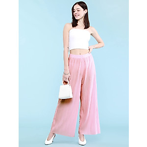 Lock and Love LL WB1795 Womens Casual High Waisted Pleated Wide Leg Palazzo Pants Trousers with Elastic Waist Band L Pink