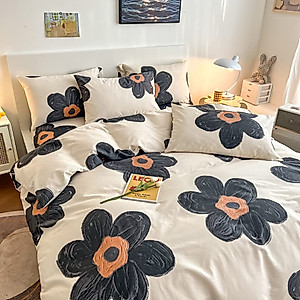 BlueBlue Flower Kids Duvet Cover Set, 100% Cotton Bedding for Boys Girls Teens, Cartoon Cute Dark Gray Black Floral Pattern on Cream White, 1 Full Comforter Cover 2 Pillow Shams (Queen)