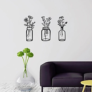 Set of 3 Metal Vase Flowers Wall Art Metal Flower Wall Art Wall Decor Hanging Iron Wall Sculptures Hanging for Home Bedroom Bathroom Kitchen Garden Outdoor and Indoor Housewarming Gift Large (Black)