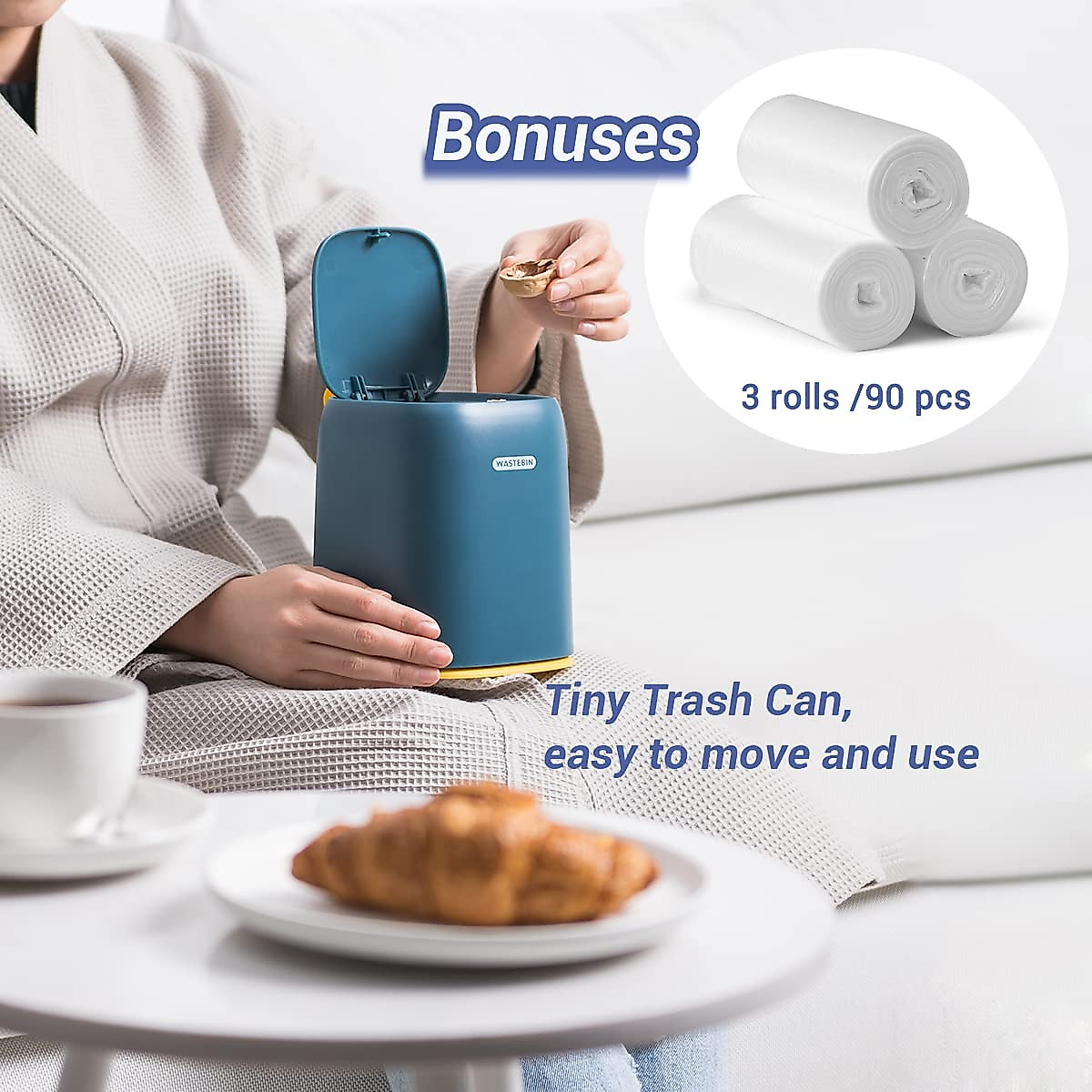 GILIF Tiny Desktop Trash Can with Lid,Mini Waste Bin with Push Button Cover with 90pcs Trash Bags,Modern Cute Small Little Plastic Countertop Garbage Bin for Car,Bathroom,Kitchen,Laundry Room (Blue)