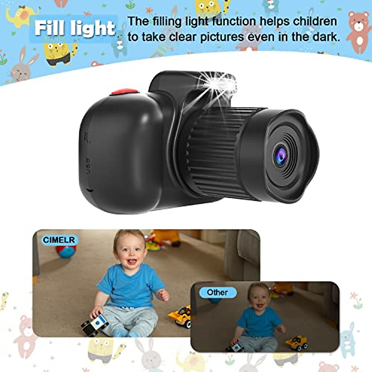 CIMELR Kids Camera, Digital Camera for Kids 6-12 Year Old Boys/Girls, 2.4 inch IPS Screen Toddler Camera, Christmas Birthday Gifts for Kids, Video Camcorder with Fill Light, 32GB TF Card (Black)