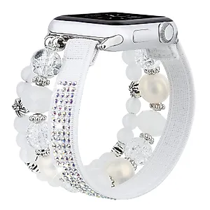 CAGOS Beaded Bracelet Compatible with Apple Watch Band 41mm 38mm 40mm Women, Bling Charm Elastic Scrunchie Dressy Strap for iWatch Bands Series 9/8/7/6/5/4/3/2/1/SE, Pure White