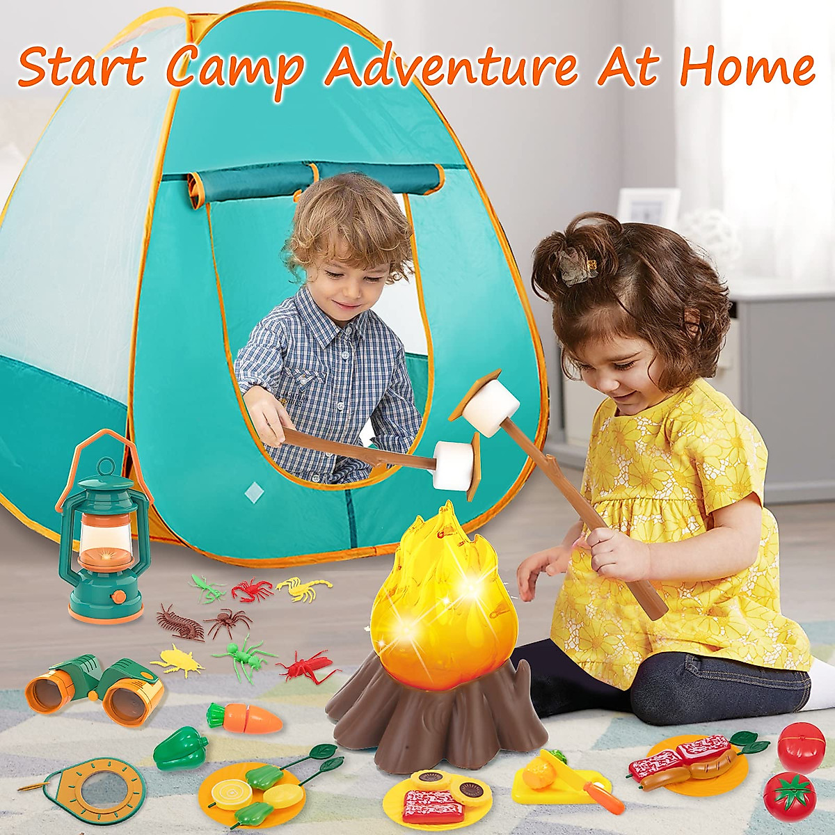 NATURALCAMP Kids Camping Tent with Campfire Pop Up Play Tent Camping Set with Oil Lantern Pretend Fruits Binoculars Toddlers Boys Girls Toys Gift Age 3 4 5 6 + Years Old