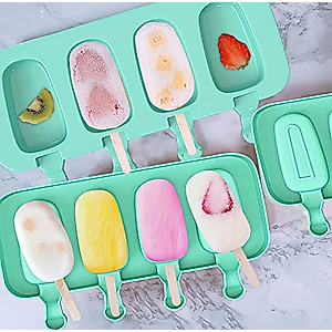 Popsicle Molds for Kids, 2 Pcs Silicone Cake Pop Mold 4 Cavities Homemade Ice Pop Molds Oval with 50 Wooden Sticks & 50 Parcel Bags & 50 Sealing Lines for DIY Ice Cream - Green