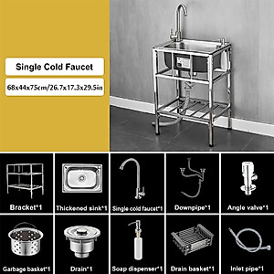 Commercial Kitchen Sink Set, Outdoor Utility Sink, Industrial Garage Sink, Freestanding Catering Sink, for Restaurant, Bar, Laundry, Garage, Backyard (Color : Single Cold, Size : 68x44cm)