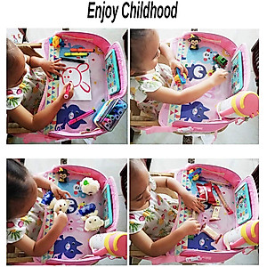 Kids Travel Tray for Toddler Car Seat, Toddler Car Seat Tray Organizer with Sturdy Play Table and Phone Holder, Road Design Enables Snack Play, Pink
