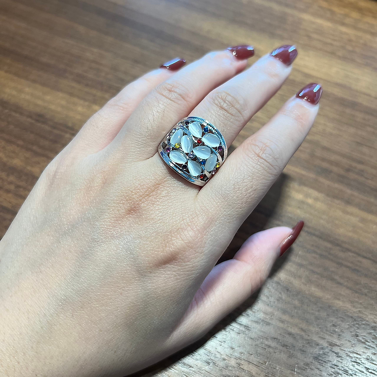 Mytys Waterdrop Cat's Eye Stone Statement Rings for Women Crystal Wide Cocktail Ring Gift (7)