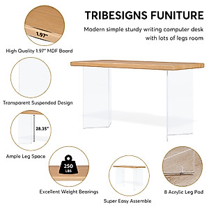 Tribesigns Computer Desk, Modern Home Office Desks, 55 Inch Sturdy Wood Laptop Writing Table, Suspended Island Table with Acrylic Legs, Industrial Simple Study Table Home Office, Natural