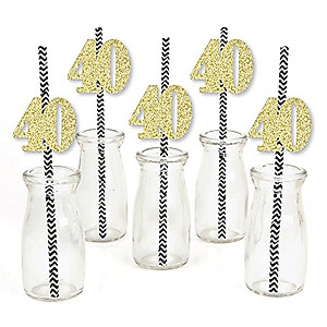 Gold Glitter 40 Party Straws - No-Mess Real Gold Glitter Cut-Out Numbers & Decorative 40th Birthday Party Paper Straws - Set of 24