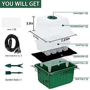 ZHOLAH Self-Watering Seed Starter Tray - Kit with Grow Light and Humidity Dome, 6-Pack 72-Cell Plant Seedling Tray,Reusable Plastic Germination Trays for Indoor Gardening Seeds Growing Starting