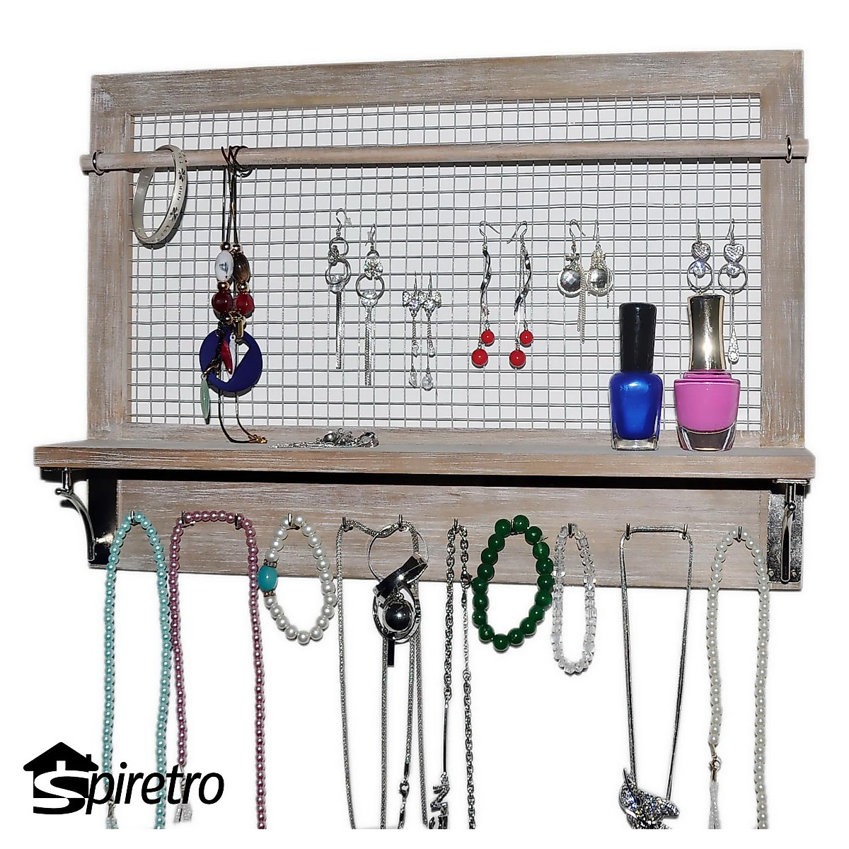 Spiretro White Jewelry Organizer, Wall Mount Jewelry Holder Rack with Hooks Shelf and Removable Rod Hanging Display Earrings Necklaces Bracelets Rings Storage Accessories Wood