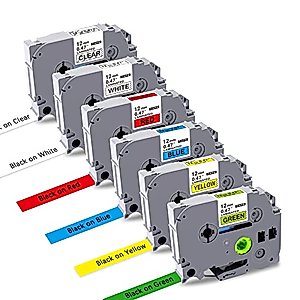 6 Pack Compatible Label Tape Replacement for Brother Ptouch Label Maker Tape 12mm 0.47 Laminated Tze Tape TZe231 131 431 531 631 731(White/Clear/Red/Blue/Yellow/Green) for PT-D210 H110 PTD200