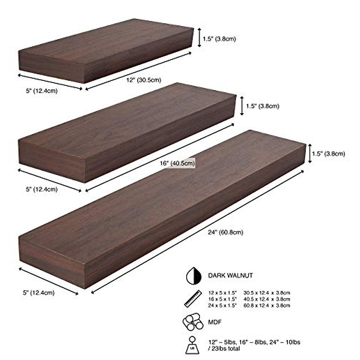 Kiera Grace kieragrace KG Maine Floating Shelves-Dark Walnut, 12", 16", 24", Set of 3 Wall Organization