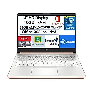 2021 Newest HP Stream 14" HD SVA Laptop Computer, Intel Celeron N4000 Processor, 16GB RAM, 320GB Space(64GB eMMC+256GB MSD), Office 365, HDMI, USB-C, Windows 10, Rose Gold, AllyFlex MP, Online Class
