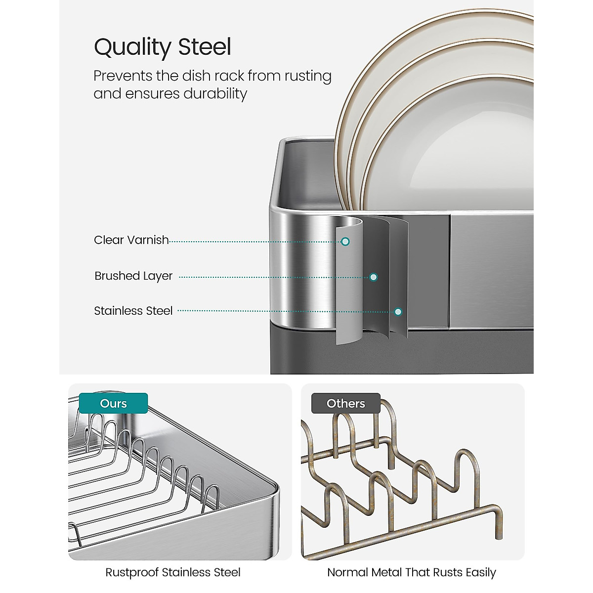 SONGMICS 2-Tier Small Dish Drying Rack, Expandable Dish Dryer for Kitchen Counter, Stainless Steel Dish Rack with Utensil Holder, Rustproof, for Dishes, Knives, Spoons, Forks, Silver Gray UKCS036G01