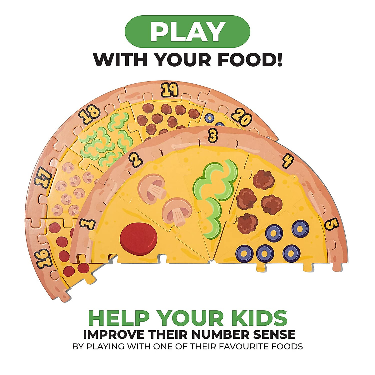 Abiliad 1-20 Double Sided Counting Pizza Puzzle - 7" Slices - 20 Piece Puzzle Teaches Counting 1-20, Number Recognition, and Motor Skills - Montessori Math Counting Puzzle
