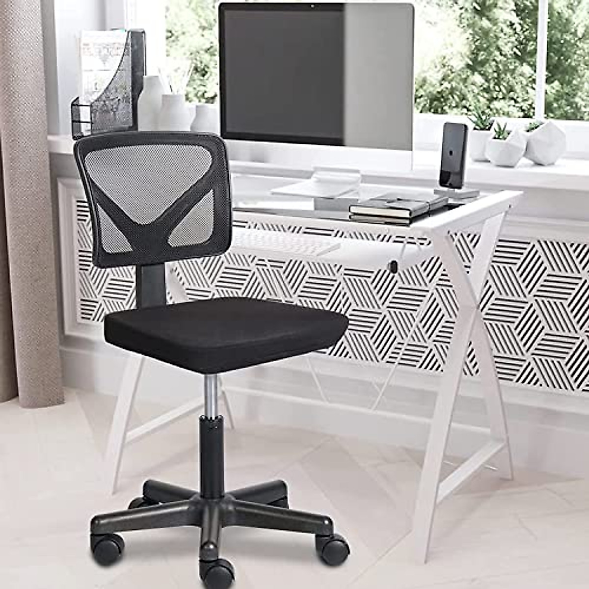 Ergonomic Home Office Desk Chair, Adjustable Armless Computer Chair with Lumbar Support, Small Mesh Task Chair with Backrest Swivel Rolling for Study, Office, Conference Room