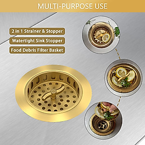 Gold Sink Drain Strainer 3-1/2 Inch Kitchen Sink Drain Assembly Kit with Stainless Steel Strainer Basket and Drain Stopper for Standard Kitchen Sink Brushed Gold