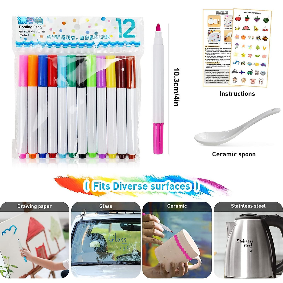 QETRABONE Magical Water Painting Pen-12 Colors Double Ended, Erasing Whiteboard Marker, Doodle Water Floating Pens, Magic Water Painting Pen for Kids