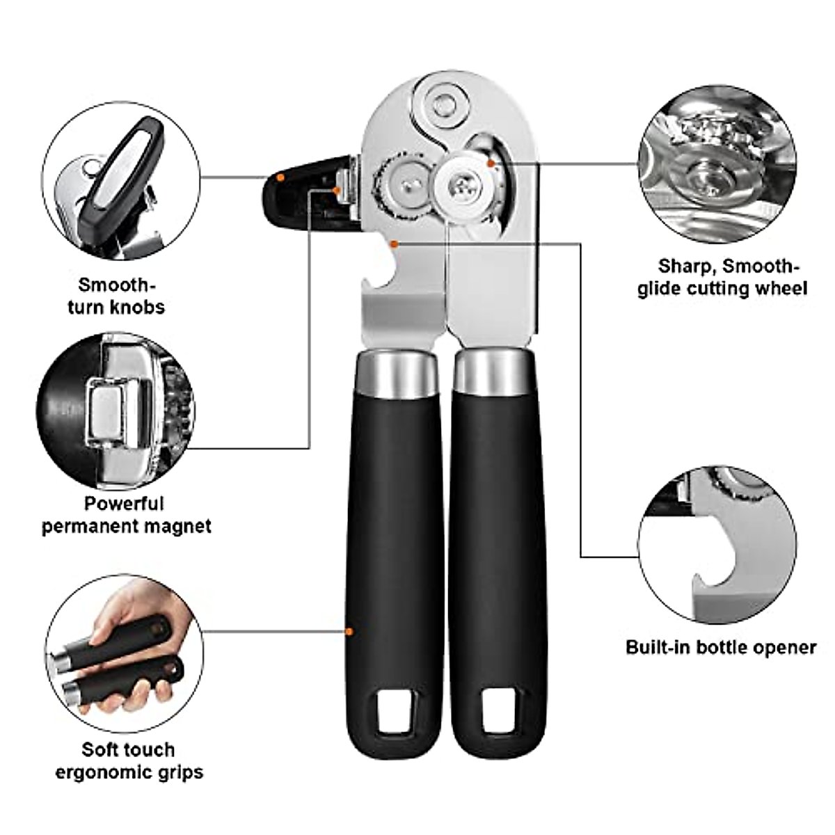 Can Opener Manual, UHIYEE Handheld Can Openers with Magnet, Hand Can Opener with Soft-Handle Grips, Sharp Blade for Smooth Edge, Oversize Effort-Saving Knob