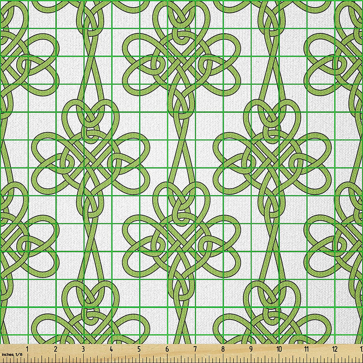 Lunarable Celtic Fabric by The Yard, St. Patrick's Day Theme Celtic Knots Lucky Clover Design Pattern Irish Theme Print, Stretch Knit Fabric for Clothing Sewing and Arts Crafts, 1 Yard, Green Ivory