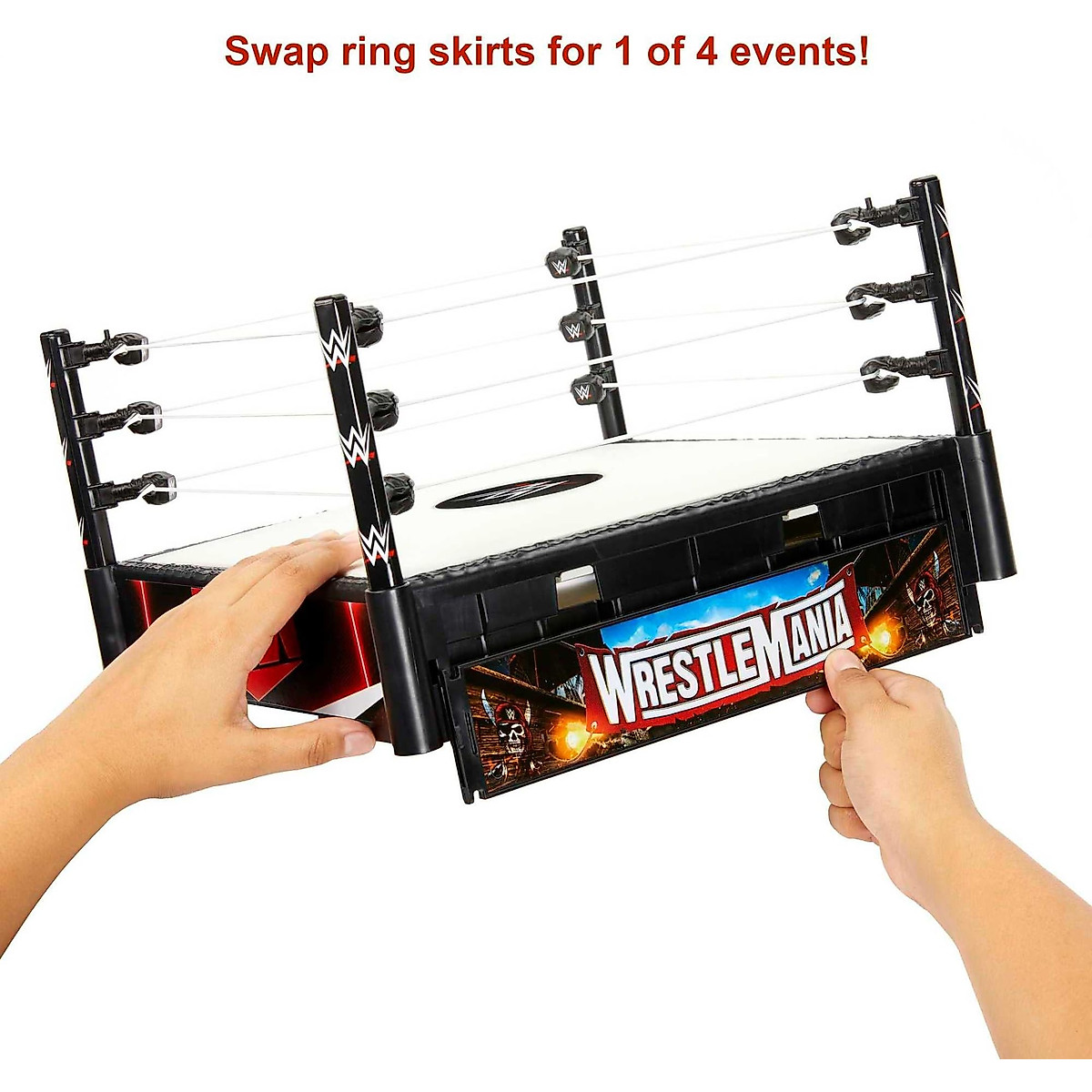 Mattel WWE Superstar Ring, 14 inches with Spring-Loaded Mat, 4 Event Apron Stickers & Pro-Tension Ropes for WWE 6-inch Action Figures