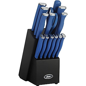 Oster Langmore 15 Piece Stainless Steel Cutlery Knife Block Set W/Black Box – Classic Blue Handles