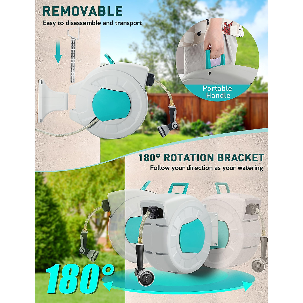 Rengue Retractable Garden Hose Reel, 1/2" x 100 ft Wall Mounted Hose Reel with 10 Pattern Nozzle, Automatic Slow Rewind, Any Length Lock, 180° Swivel Bracket, Ideal for Garden Watering
