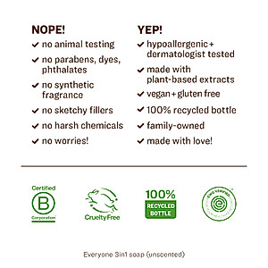 Everyone 3-in-1 Soap, Body Wash, Bubble Bath, Shampoo, 32 Ounce (Pack of 2), Unscented, Coconut Cleanser with Plant Extracts and Pure Essential Oils