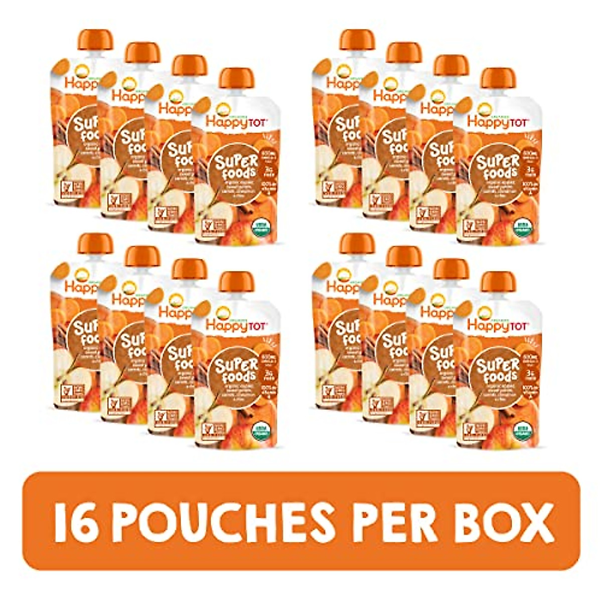 HAPPYTOT Organics Super Foods Stage 4, Apples, Sweet Potatoes, Carrots & Cinnamon + Super Chia, 4.22 Ounce Pouch (Pack of 16)