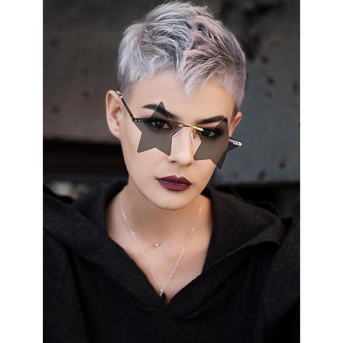 Frienda 4 Pairs Star Shape Sunglasses Star Shape Personality Sun Glasses Star Rimless Glasses for Women Men Party(Black, Yellow, Red, Purple)