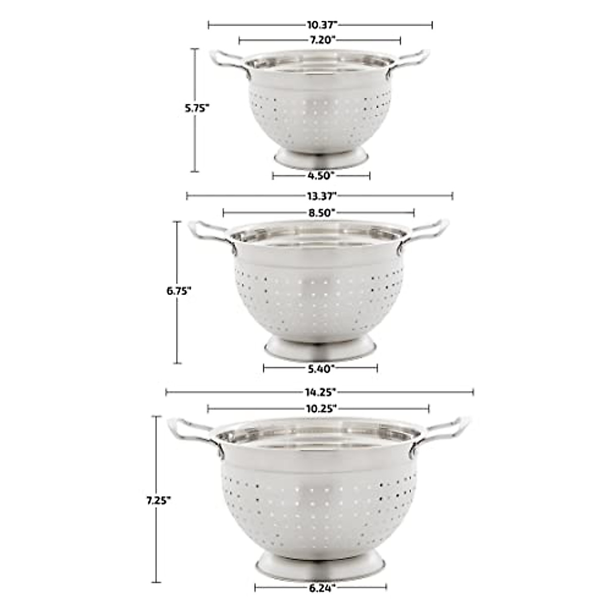 Ovente Premium Stainless Steel Colander Set of 3 Deep Kitchen Strainer, Dishwasher Safe 1.5, 3 & 5 Quarts Metal Bowl Drainer with Handle for Pasta, Fruit, Noodle, Meal Prep, Silver C46263S