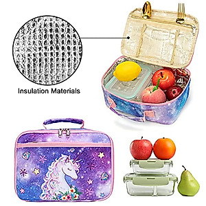 BTOOP Girls Backpack Kids Elementary Bookbag Girly School Bag with Insulated Lunch Tote and Pencil Pouch (Galaxy- Purpel Blue)