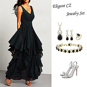 Mayfox Bridal Cubic Zirconia Open Ring Bracelet Necklace Dangle Earrings Set, Waterdrop Oval White Gold Plated Jewelry Gifts for Women Girl Black_Gold Tone