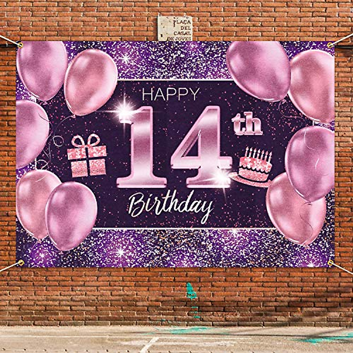 PAKBOOM Happy 14th Birthday Banner Backdrop - 14 Birthday Party Decorations Supplies for Girl - Pink Purple Gold 4 x 6ft