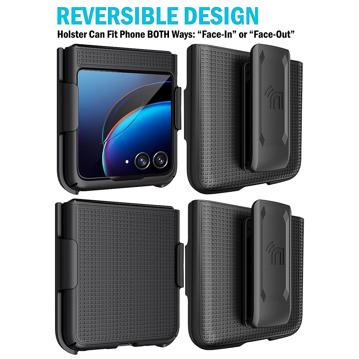 Case with Clip for Motorola RAZR+ 2023, Nakedcellphone [Grid Texture] Slim Hard Shell Cover and [Rotating/Ratchet] Belt Hip Holster Holder Combo for Moto RAZR Plus '23 (RAZR 40 Ultra) - Black