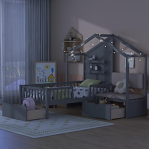 Twin House Bed for Kids, House Platform Bed with Upholstered Sofa, Charging Station, Wireless Charging, Storage Shelves and Two Drawers, Light Strip Included, Gray